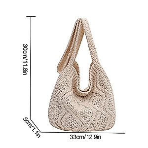 Women's Crochet Tote Bag Knitted Shoulder Crossbody Handbags Aesthetic Shopping Bag Cute Purses Crocheted Hobo Bag(White)