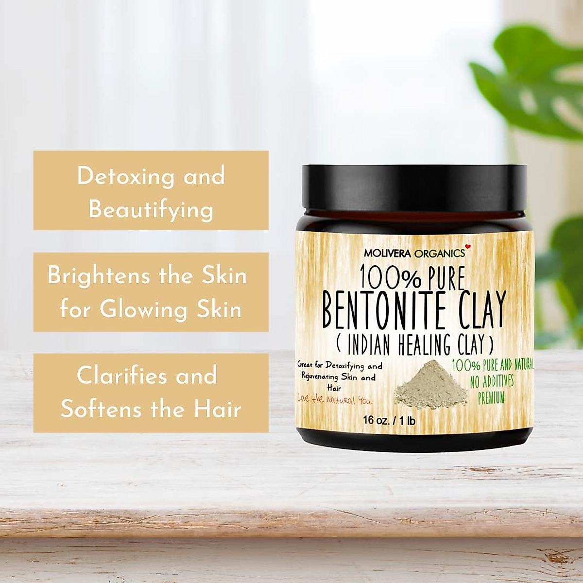 Molivera Organics Premium 1 lb Bentonite Clay Pure, Natural Detoxifying Clay for Face Masks, Hair Care & More - Best Healing Clay - USA Made