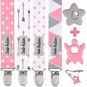 Dodo Babies Pacifier Clip & Teether Toy Set - Four Clips Plus Two Silicone Teether Toys - Universal Holder Fits Most Paci Brands - Fun Pink and Gray Prints for Girls or Boys