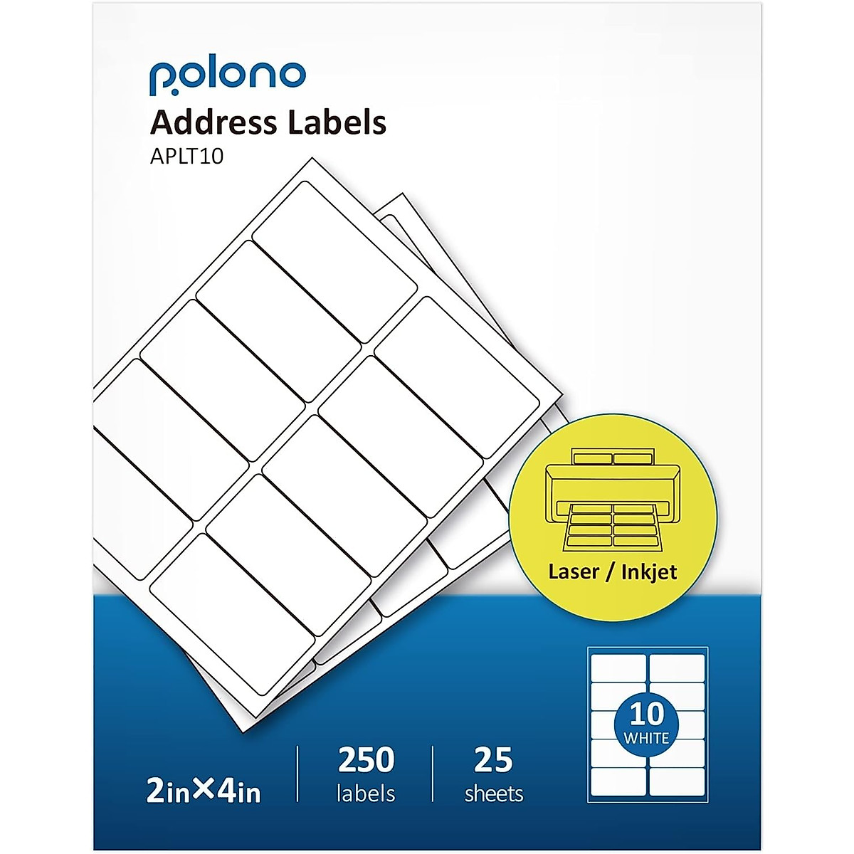 2" x 4" Shipping Address Labels Compatible with Avery 5163, 8163, POLONO Internet Mailing Shipping Labels, White Sticker Labels for Laser/Ink Jet Printers, Permanent Adhesive (250 Labels, 25 Sheets)
