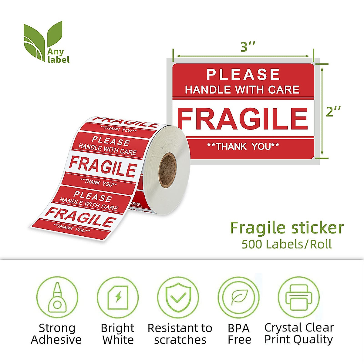 Anylabel 3 x 2 inch Handle with Care Fragile Thank You Warning Packing Shipping Label Stickers Permanent Adhesive (1 Roll, 500 Labels)
