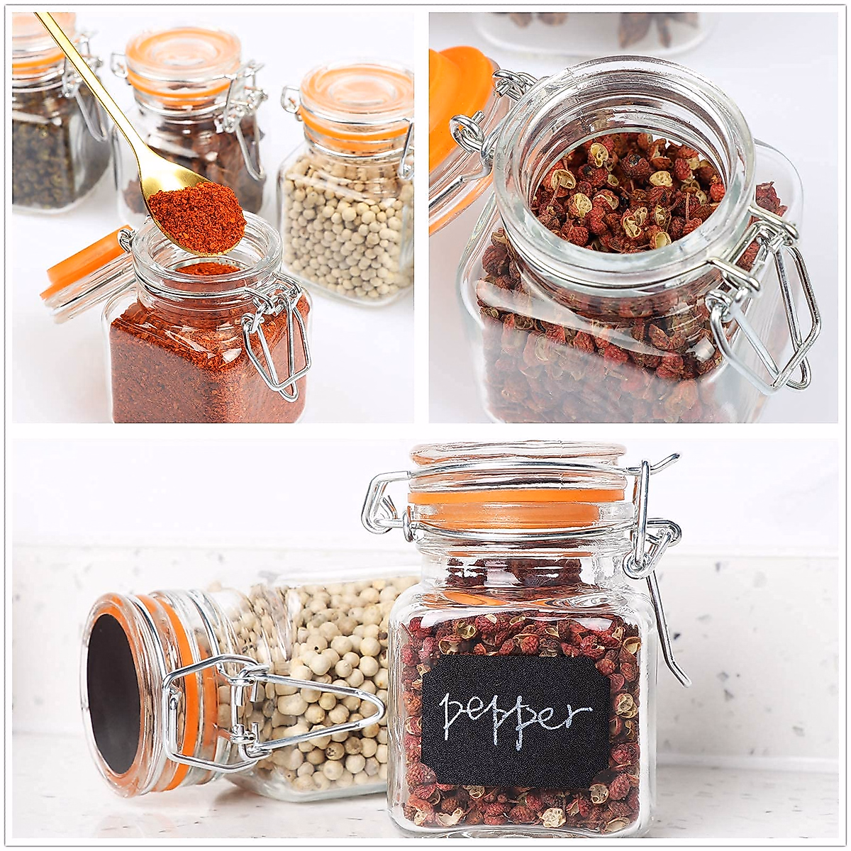 Homelike Style 3.4 oz Small Glass Spice Jars, Empty Mini Square Glass Spice Bottles with Airtight Flip Top Lids, Chalkboard Labels and Collapsible Funnel for Home and Kitchen-24 Pack