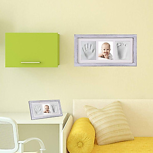 Baby Hand & Footprint Kit, Newborn Keepsake Box in Rustic Farmhouse Frame, Clay Casting Kit for Baby Shower Gifts, Boys & Girls - Baby Nursery Decor - Bonus Stencil Included (Grey)