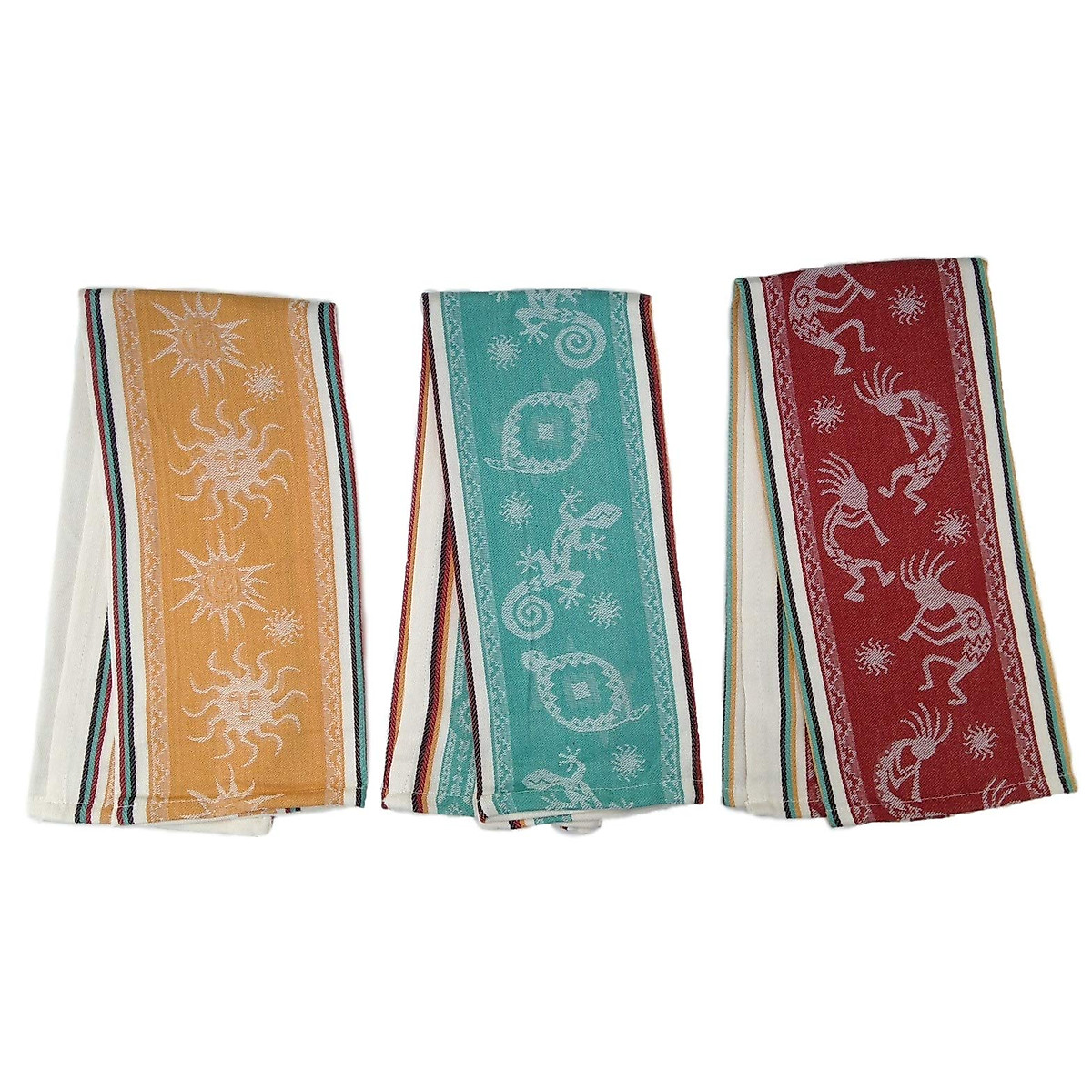 Simply Southwest Decor, Petroglyph Designed Kitchen Towel Set, Yellow Hopi Sun, Teal Geckos & Turtles & Red Kokopelli Towel