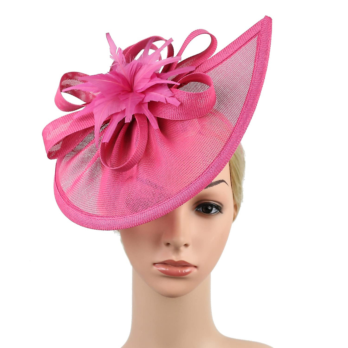Bubbmi Sinamay Fascinator Hat with Top Flower, Women Feather Pillbox Headwear, Church Wedding Derby Cocktail Tea Party Headpiece(C hot Pink)