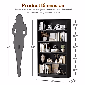 Soohow 5 Shelf Bookcase,60 Inch Wood Tall Bookshelves for Living Room,Black