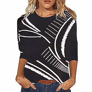 wodceeke Women's Half Sleeve Retro Geometry Print T-Shirt Round Neck Basic Tee Summer Casual Loose Blouse Tops (Black, XL)