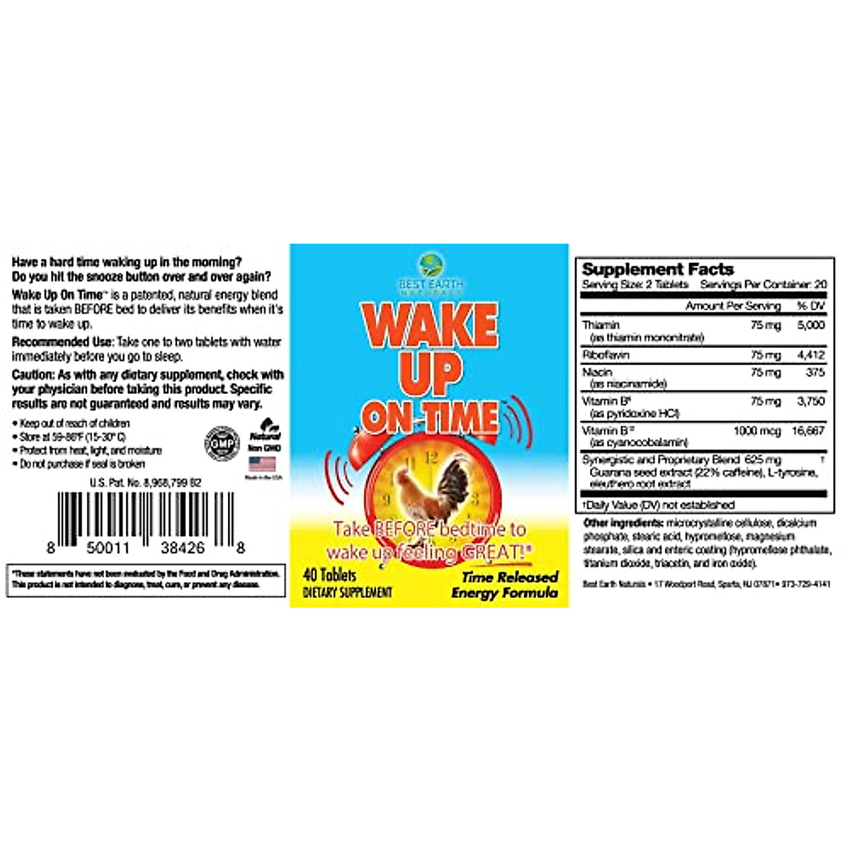 Wake Up On Time Patented Time Release Energy Supplement Taken at Bedtime to Help You Wake Up Refreshed and Full of Energy 40 Count