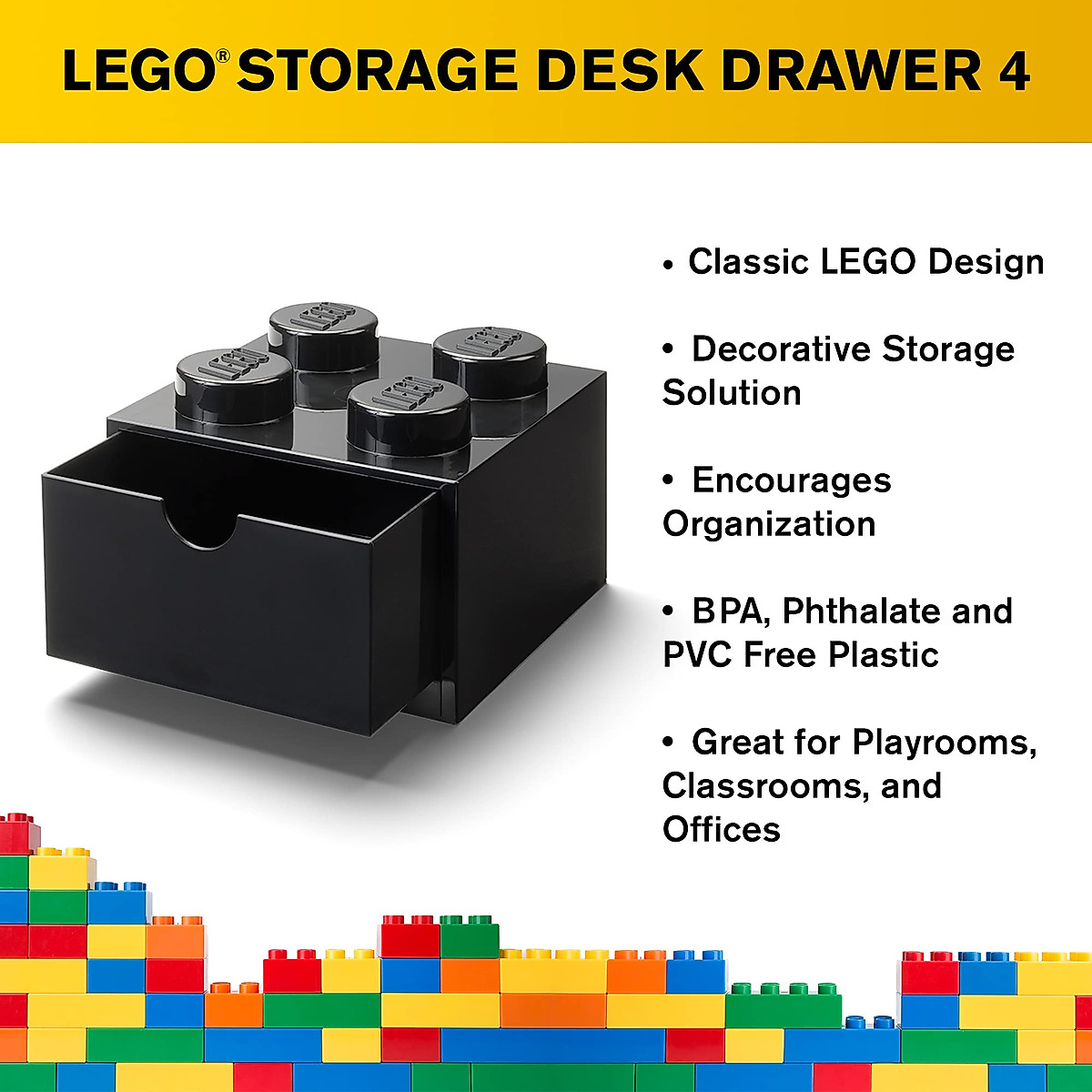 ROOM Copenhagen Lego Storage Brick 4 Desk Drawer, 4-Stud Stackable Tabletop Storage Box, 6.2 x 6.2 x 4.4 in, Black