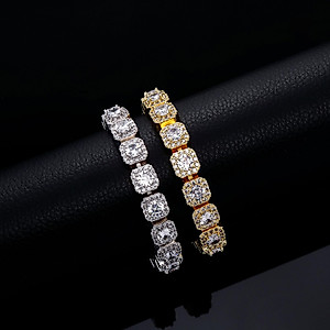 JINAO Silver Tennis Bracelet for Men Women 1 Row 10MM 14k Gold Plated Iced Out Round Cubic Zirconia Cluster Square Halo Wrist Chain Jumbo Bracelet (Silver, 7.0)