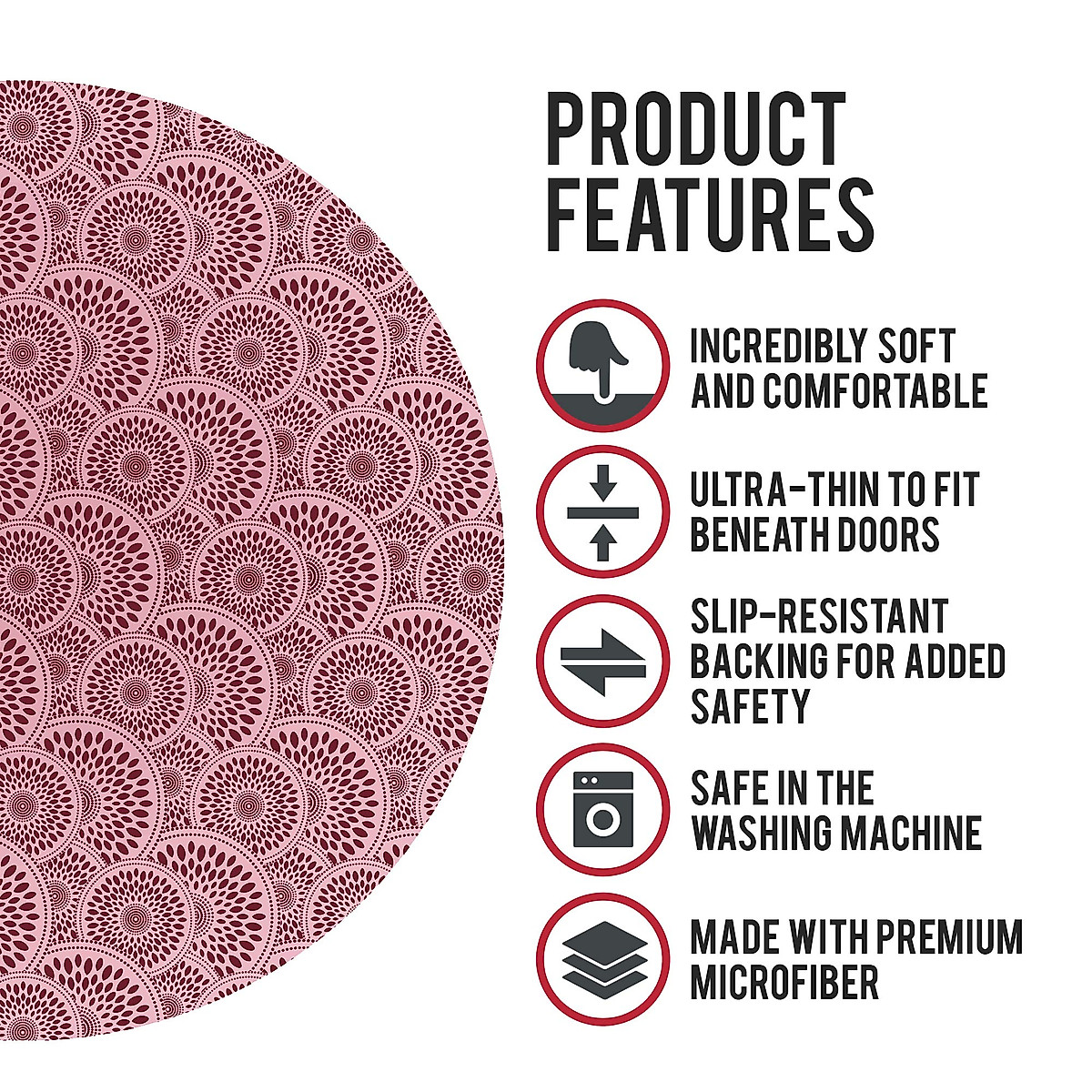 Shape28 Oval Mat Ultra-Thin Dark Red Half Round Mat Kitchen Runner Rug 35"x23"Soft Microfiber with Non Slip Rubber Backing, Dark Soft Microfiber Top Anti Slip Backing and Machine Washable,Burgundy