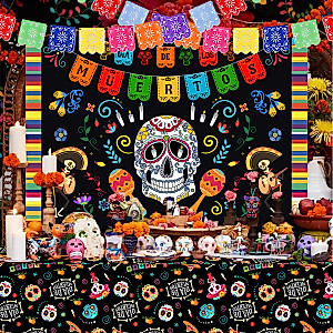 Day of the Dead Party Decorations, Mexican Fiesta Pennant Hanging Banner Sugar Skull Dia De Los Muertos Backdrop and Table cover for Day of the Dead Party Supplies