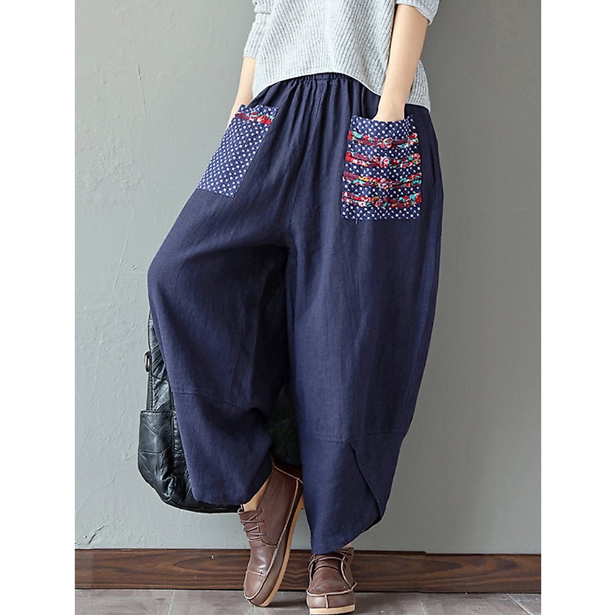 Minibee Women's Baggy Linen Wide Leg Trousers Casual Patchwork Elastic Waist Harem Pants Navy Blue 2XL