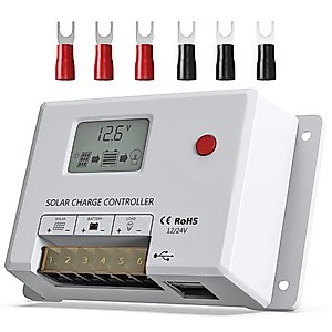 30A Solar Charge Controller, Bateria Power 12V/24V PWM Solar Panel Charger Controller Multi-Function Adjustable LCD Display with Dual USB Port Timer Setting Compatible with LFP, AGM, SLD, FLA