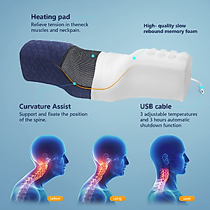 Neck Roll Pillows for Pain Relief Sleeping, Heated Memory Foam Cervical Neck Support Pillow for Bed with USB Graphene Heating for Stiff Neck Pain Relief (Dark Blue)