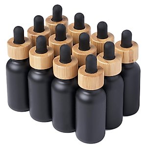 Focus Nutrition 12 Pack Black Coated Boston Round Essential Oils Aromatherapy Glass Bottles Jar With Bamboo dropper cap, 1oz