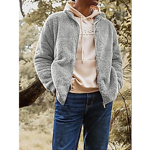 Mens Fuzzy Sherpa Jacket Cardigan Fleece Long Sleeve Full Zip Open Front Thermal Coat Fall Winter Outwear (Medium, Grey)