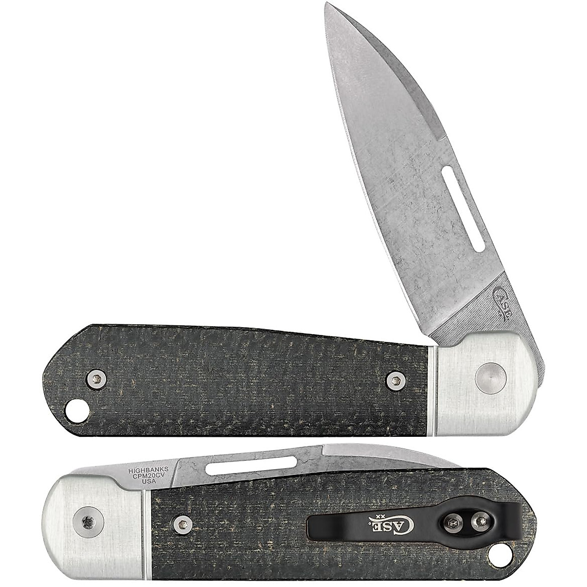 Case XX WR Pocket Knife, HIGHBANKS - SMOOTH BLACK BURLAP MICARTA ItemNumber 42230 - (HIGHBANKS CPM20CV) Length Closed: 4 Inches