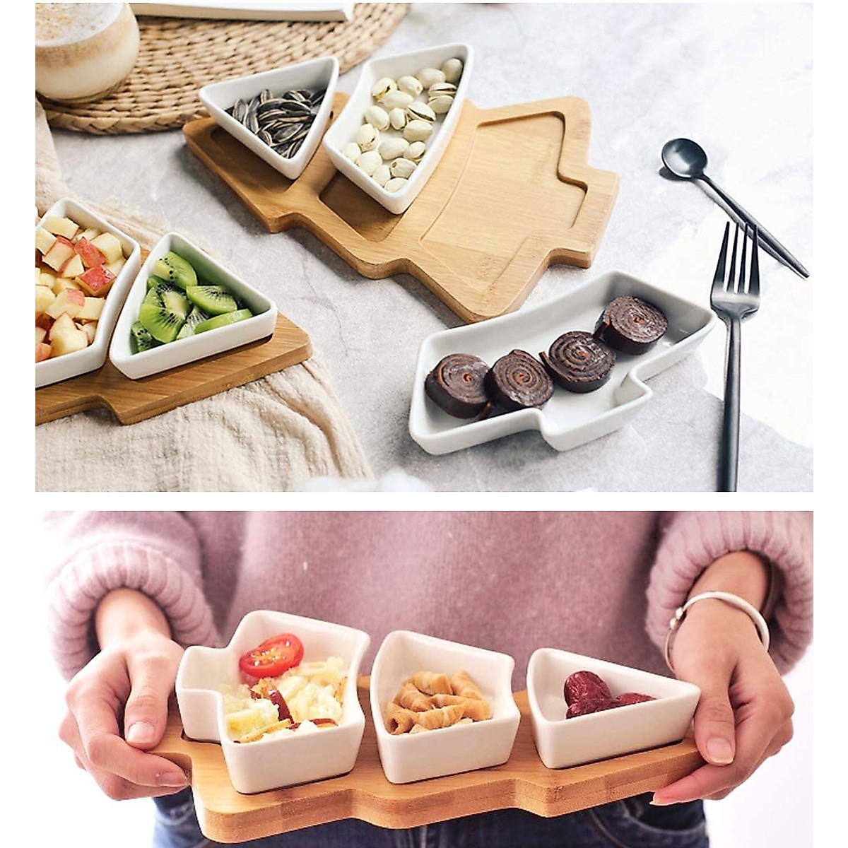 White Christmas Tree Plates Chip & Dip Set, 11 Inches Christmas Ceramic Snack Plate with Bamboo Tray, Removable Porcelain Tree Appetizer Dessert Fruit Salad Saucers Bowl, Cutlery Platter Serving Dish
