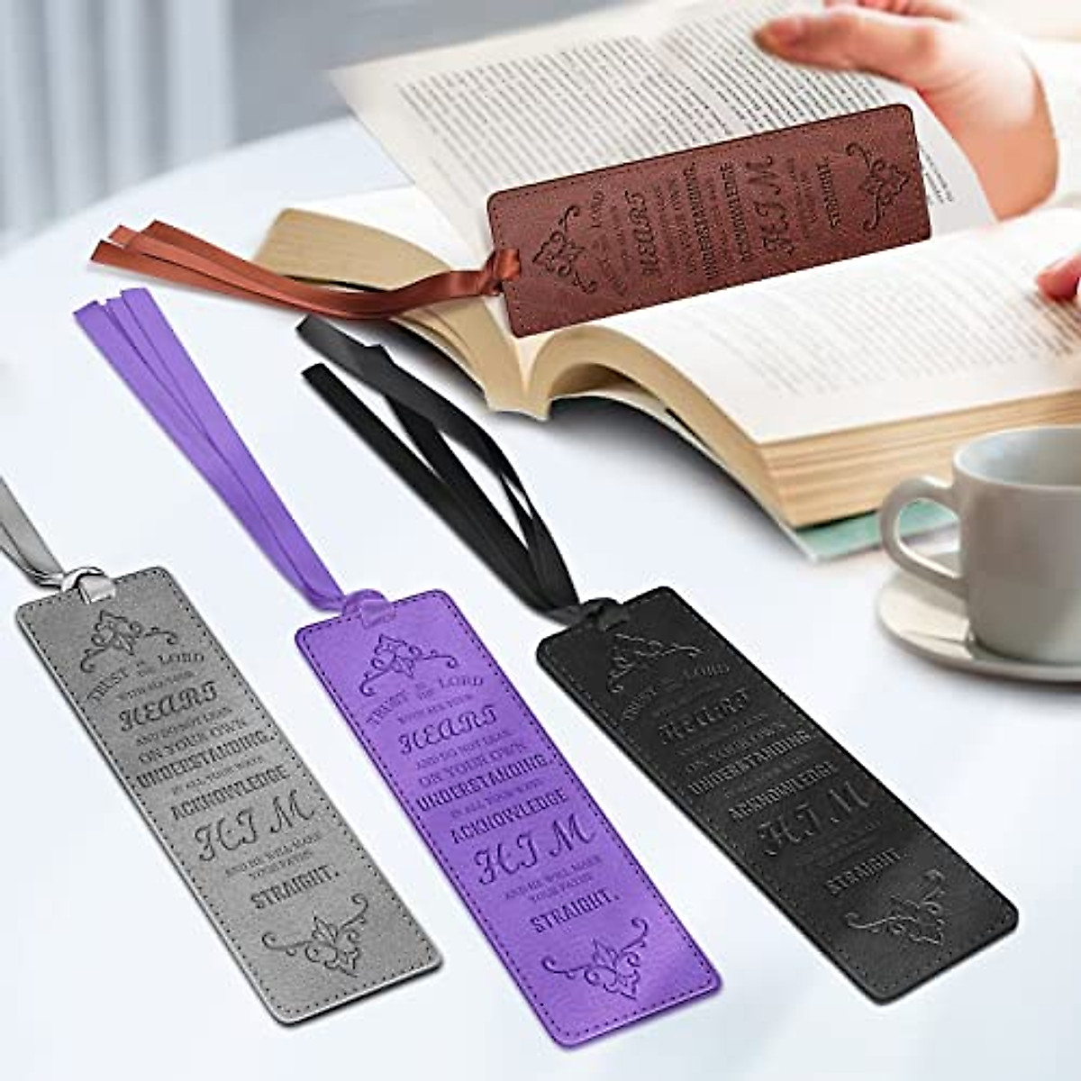 FINPAC Leather Bible Bookmarks, Vegan Leather Bookmarks, Religious Bookmarks, Bible Verse Book Markers Church Gifts for Women Men [Trust in The Lord with All Your Heart] - Black