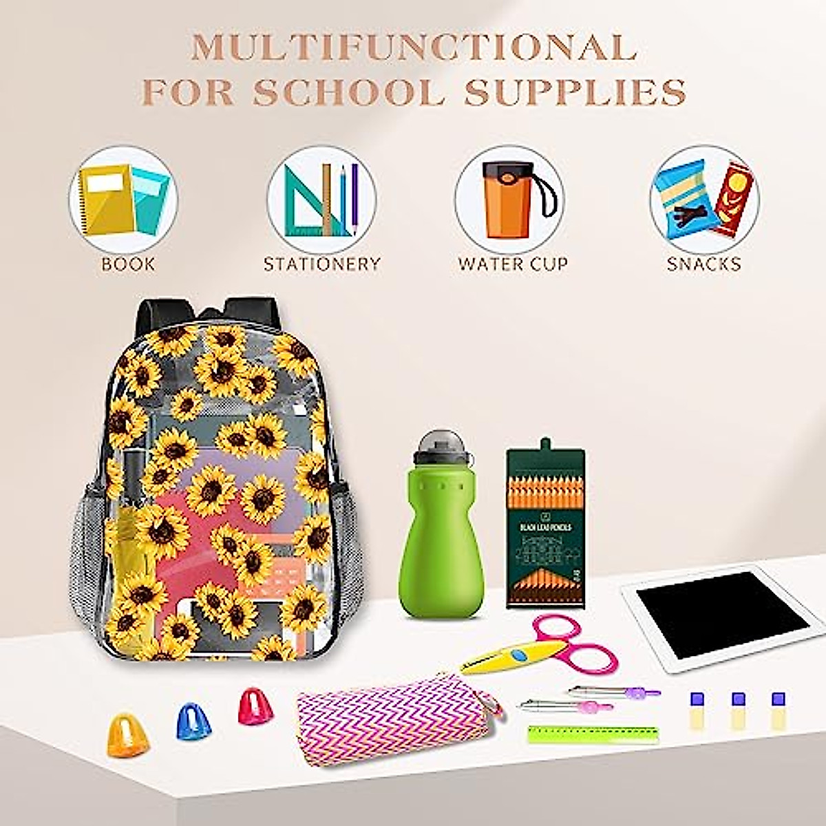 Roftidzo Sunflower Transparent Bookbag for Boys and Girls, High Capacity See Through Backpacks for Women Men, Multifunction Clear Backpack with Heavy Duty PVC Reinforced Strap for Workplace Travel