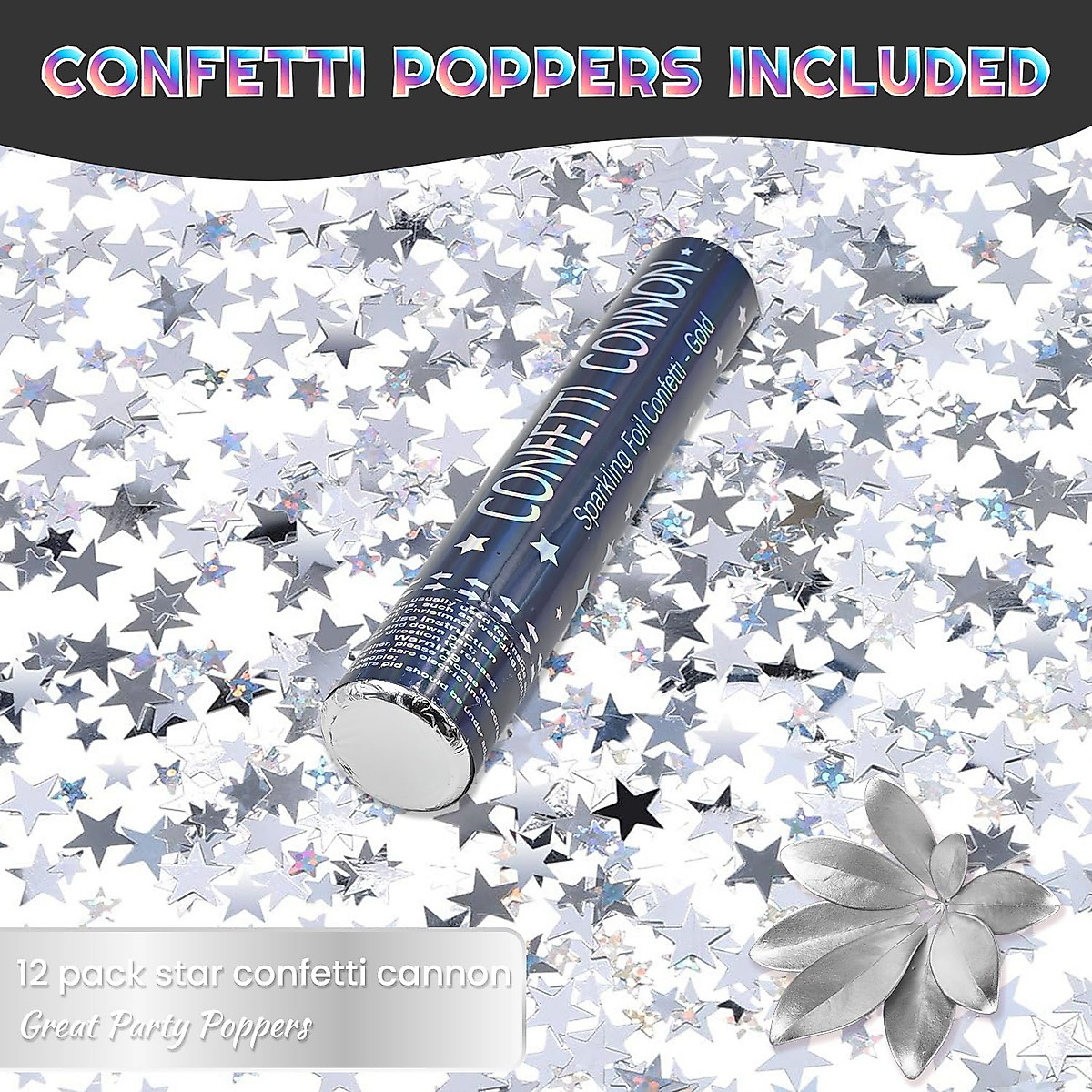 Confetti Cannon Sliver 12Pack Confetti Poppers 12Inch Confetti Party Poppers with Silver Star Confetti Bulk Streamer Blaster Shooter for New Year Christmas Birthdays,Weddings,Graduation Decorations