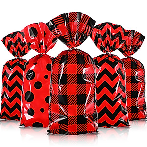 120 Pieces Christmas Cello Candy Bags Buffalo Polka Dot Stripes Prints Plastic Goodie Treat Favor Bags with 200 Twist Ties for Winter Holiday Birthday Baby Shower Party Supplies (Red, Black)