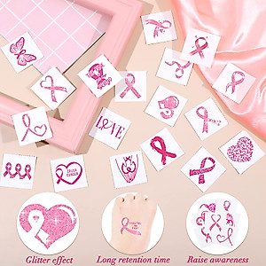 ADXCO 144 Pieces Pink Ribbon Glitter Tattoos Waterproof Breast Cancer Awareness Temporary Tattoos Skin Safe Pink Ribbon Tattoos Sticker for October Breast Cancer Awareness Month