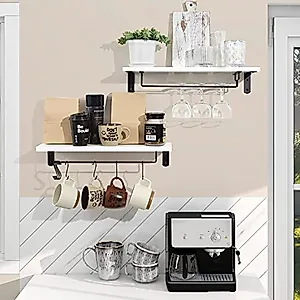 Afuly Wine Rack Wall with Glass Holder, 20 inch Long White Floating Shelf Wall Mounted for Stemware Liquor Bottles, Bathroom Wall Shelves with Towel Bar, Coffee Bar Shelves with 8 Hooks, Set of 2