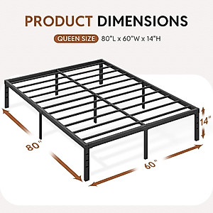 WAYES Queen Bed Frame, 14 Inch High Platform Bed Frame with Storage, Minimal Queen Size Metal Bed Frame, Heavy Duty, No Box Spring Needed, Noise-Free, Easy Assembly, Black
