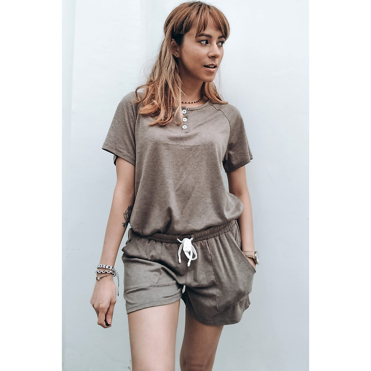 WIHOLL Lounge Sets for Women Shorts Short Sleeve Pajama Set Khaki XL