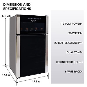 Koolatron 29 Bottle Wine Cooler Refrigerator Dual Zone Compressor Wine Fridge Freestanding for Red White Sparkling Wine Cellar Ideal for Home Bar Kitchen Apartment
