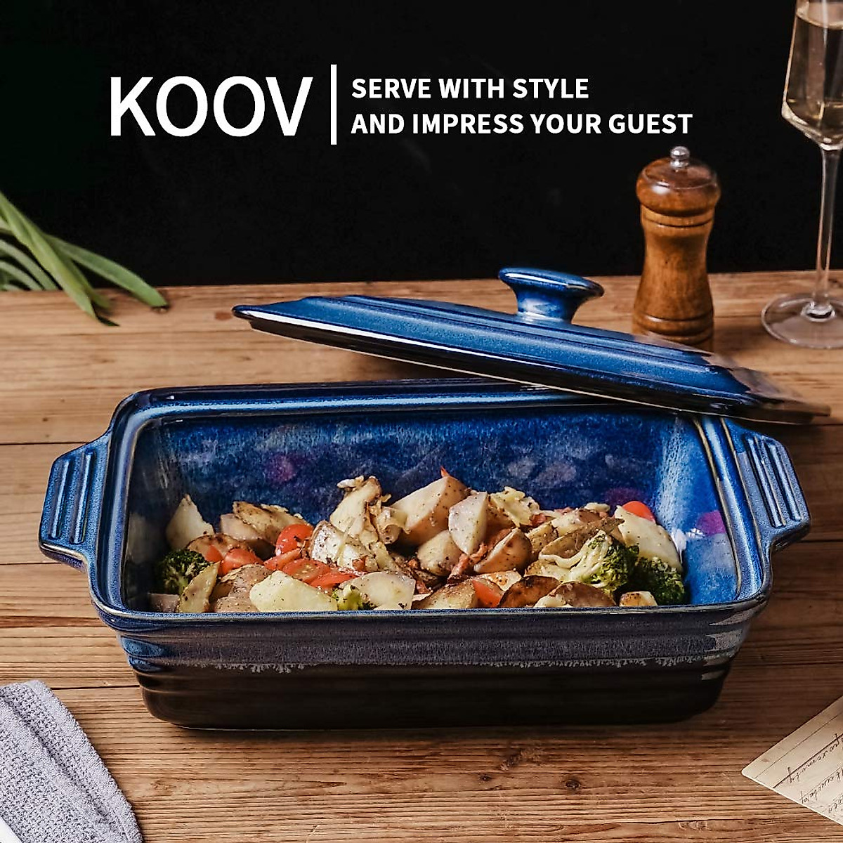 KOOV Ceramic Casserole Dish with Lid, Covered Rectangular Casserole Dish Set, Lasagna Pans with Lid for Cooking, Baking dish With Lid for Dinner, Kitchen, 9 x 13 Inches, Reactive Glaze (Nebula Blue)