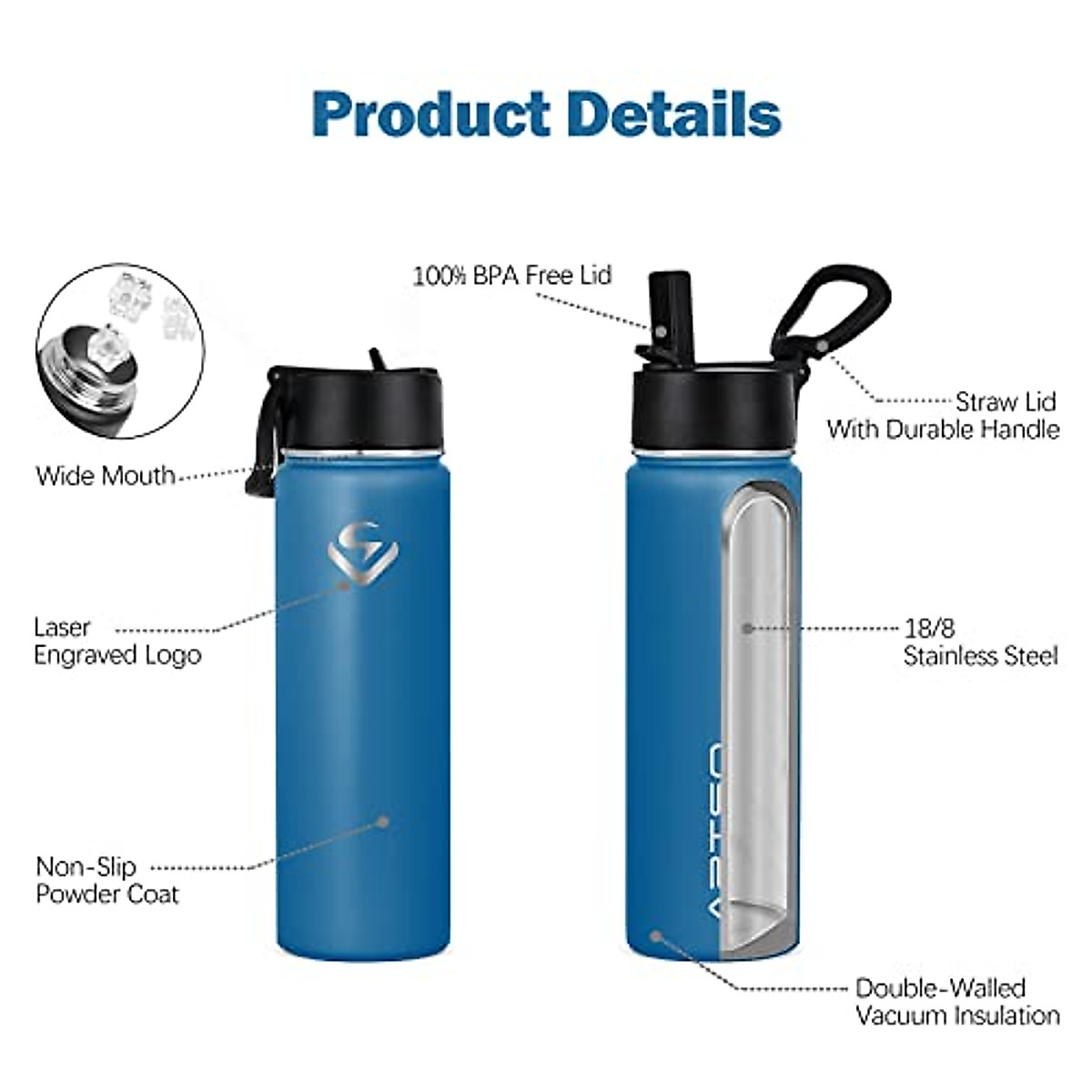 ARTSO 24oz Stainless Steel Insulated Water Bottle with Straw & Two Lids,Double Walled Vacuum Insulated Leak Proof Hot Cold Water Bottles, Cobalt