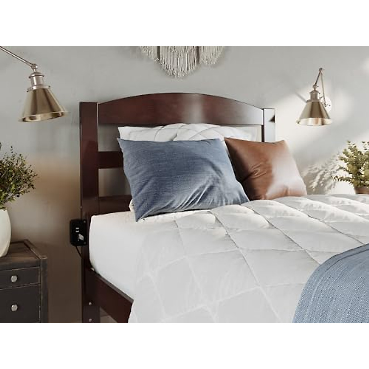 AFI Warren Twin XL Size Platform Bed with Footboard, Storage, & Charging Station in Walnut