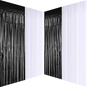 Black White Metallic Tinsel Foil Fringe Curtain - Wedding Graduation Retirement Birthday Baby Bridal Shower Engagement Anniversary Bachelorette Halloween Party Photo Booth Backdrop Decoration, 4pc