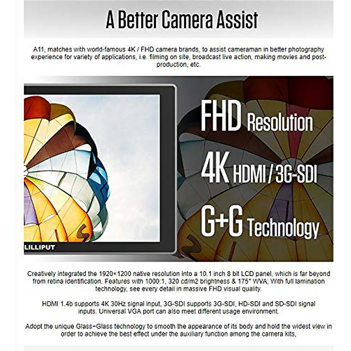 LILLIPUT A11 10.1" FHD PRO 4K HDMI SDI VGA Input Broadcast Monitor w/G+G Technology Free F970 Battery & Gimbal Stand