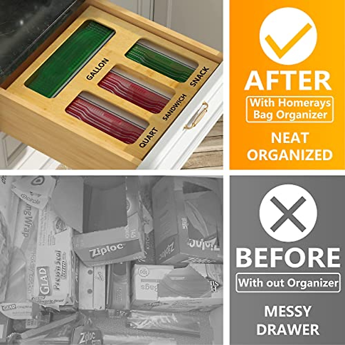 Ziplock Bag Storage Organizer for Drawer - Bamboo Kitchen Food Storage Bag Organizer Holders, Gallon Quart Snack Sandwich and Slider Bag Dispenser, Compatible with Ziploc Hefty Glad Solimo and More