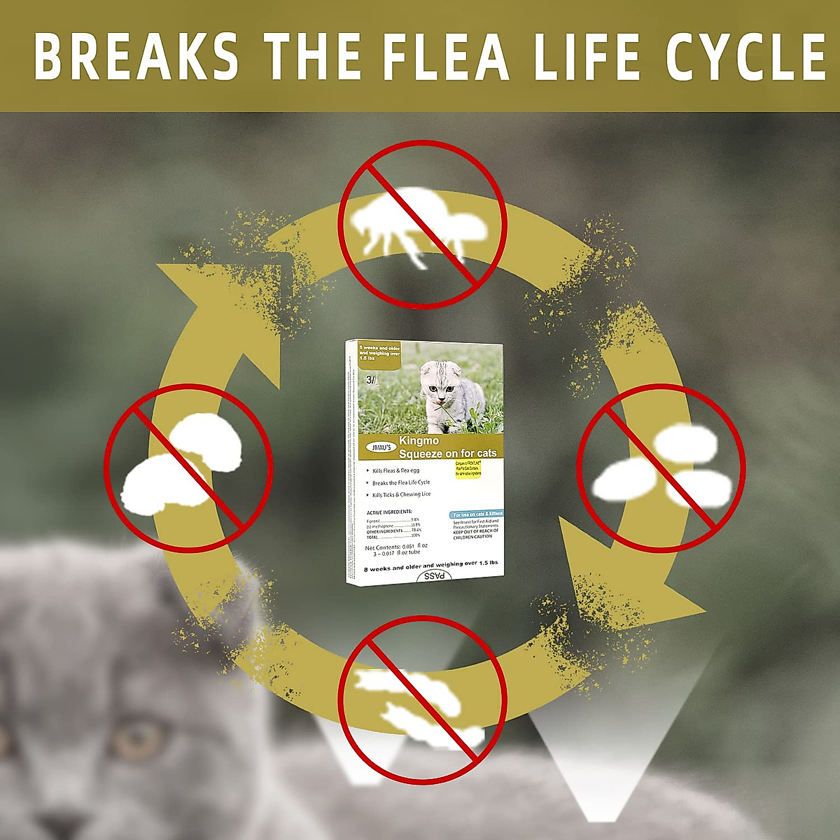 Flea and Tick Prevention for Cats, Cat Flea & Tick Treatment with Fipronil, Long-Lasting & Fast-Acting Topical Flea & Tick Control Drops for Kitten, 3 Doses