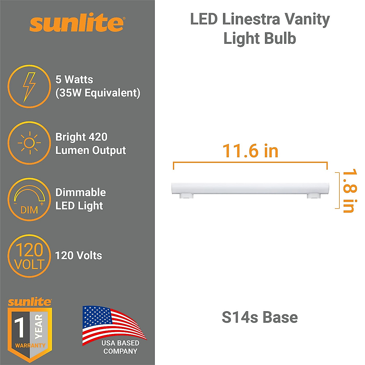 Sunlite 53149 LED Linestra Vanity Light Bulb LN35 Replacement Lightbulb, 11.6 Inches, 5 Watt (35W Equivalent), Dimmable, S14s Base, 420 Lumens, 27K-Warm White