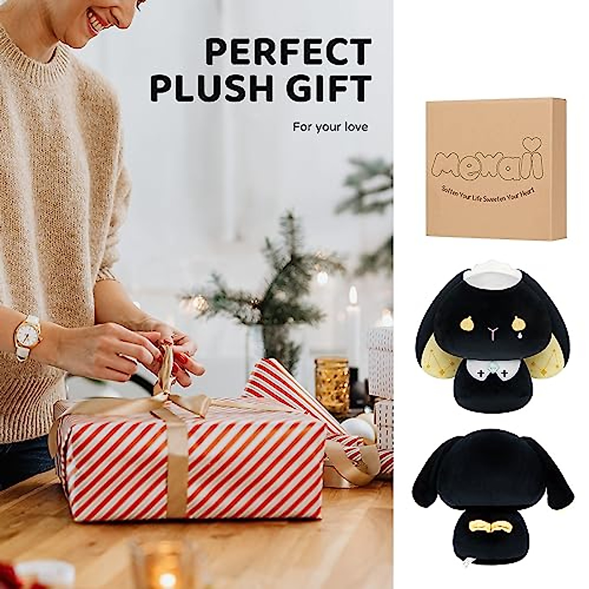 Mewaii 8 Inch Mushroom Plush, Cute Black Bunny Plush Pillow Soft Plushies Squishy Throw Pillow, Rabbit Stuffed Animals Kawaii Plush Toys Decoration Gift for Girls Boys