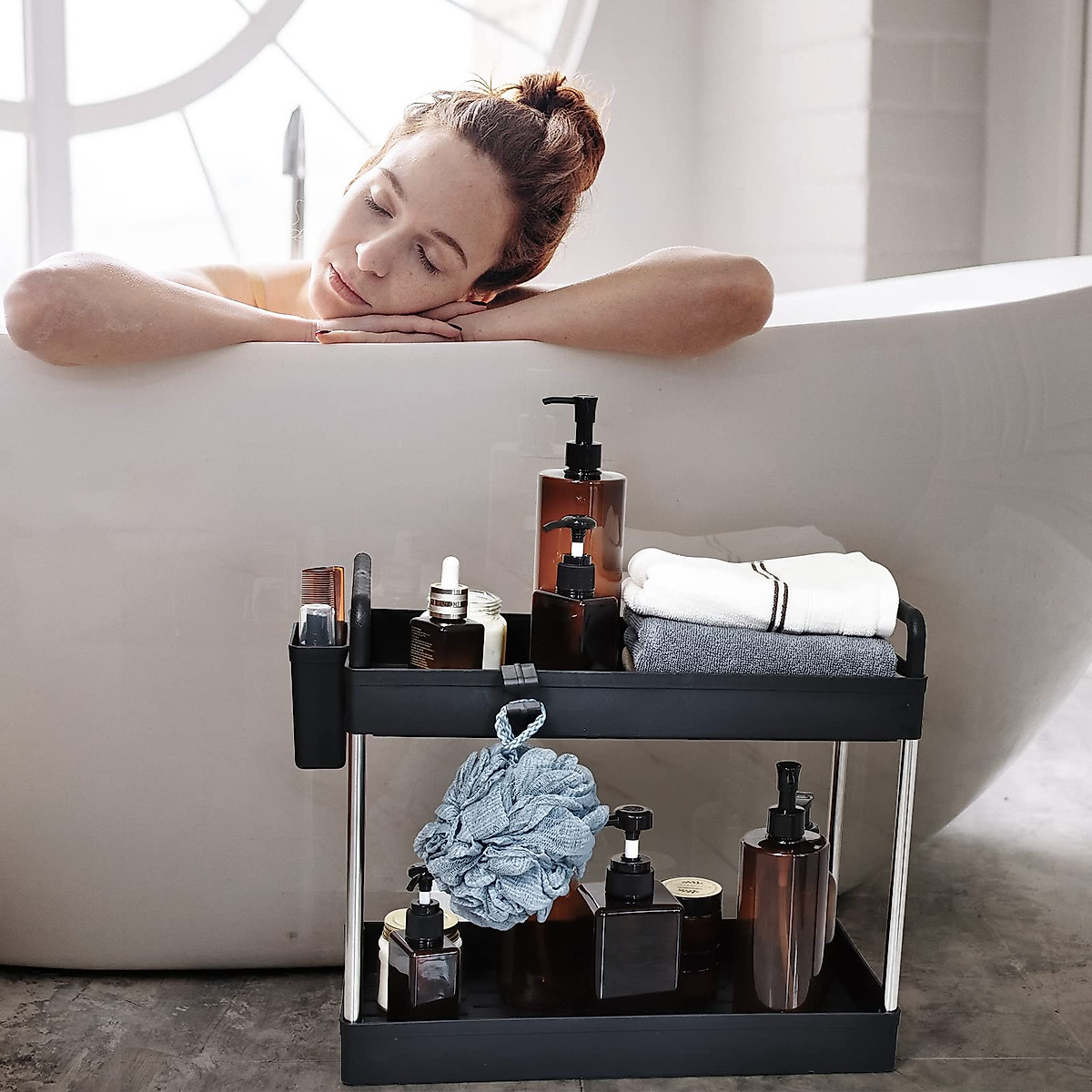 CAPHONT Under Sink Organizer Shelf 2 Pack, 2 Tier Under Bathroom Sink Organizers and Storage Multifunctional Under Cabinet Storage Rack with 8 Hooks & 2 Hanging Cups for Laundry Kitchen, Black