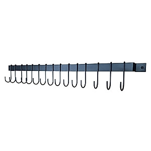 Wall-Mounted Utensil Rack Hanger – Black, 17" x 1" - Rustic Iron Kitchen Organizer with Ten 3.5" Hanging Hooks - Coffee Mug Rail - Pot and Pan Holder - Organizing Rod for Cookware - Claimed Corner