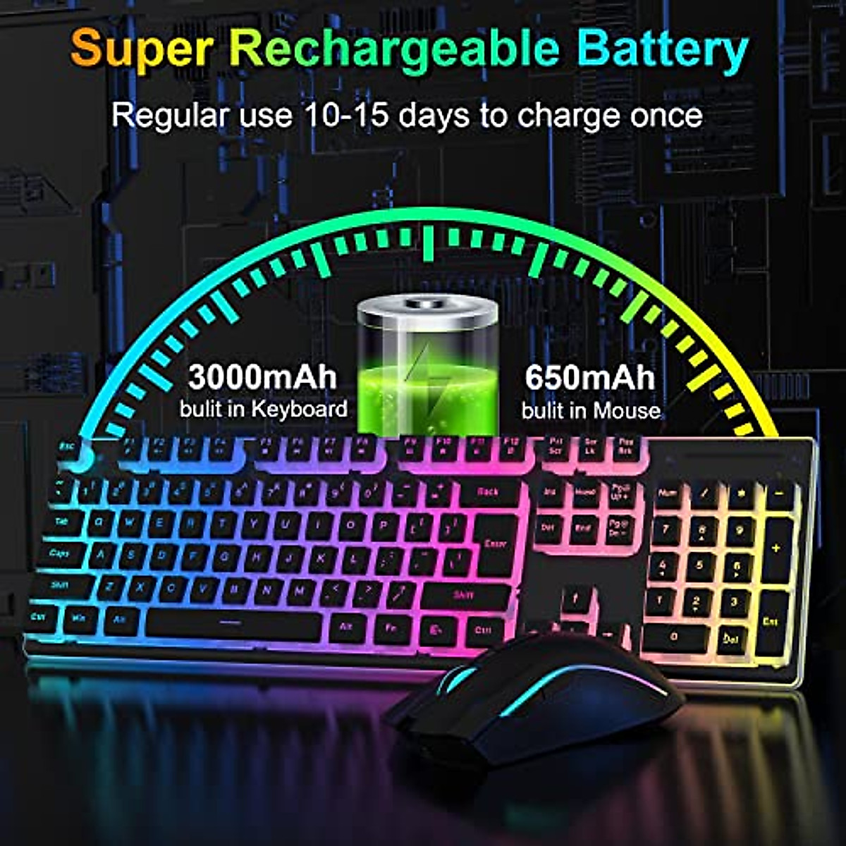 Wireless Gaming Keyboard and Mouse Combo,Translucent Pudding Keycap,3650mAh Rechargeable Battery,RGB Ergonomic Mechanical Feel Keyboard,4800 DPi Rainbow Led Mute Mouse 2.4G USB for PC/Mac(Black)