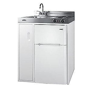 Summit C30ELGLASS 30 Kitchenette with 2 Element Cooktop Refrigerator with Freezer Sink and Faucet in White