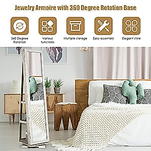 MAT EXPERT 360 Rotating Jewelry Armoire with Mirror, Freestanding Jewelry Storage Mirror w/78 Ring Slots, 24 Necklace Hooks, 120 Earring Slots, Lockable Standing Jewelry Organizer for Makeup (White)