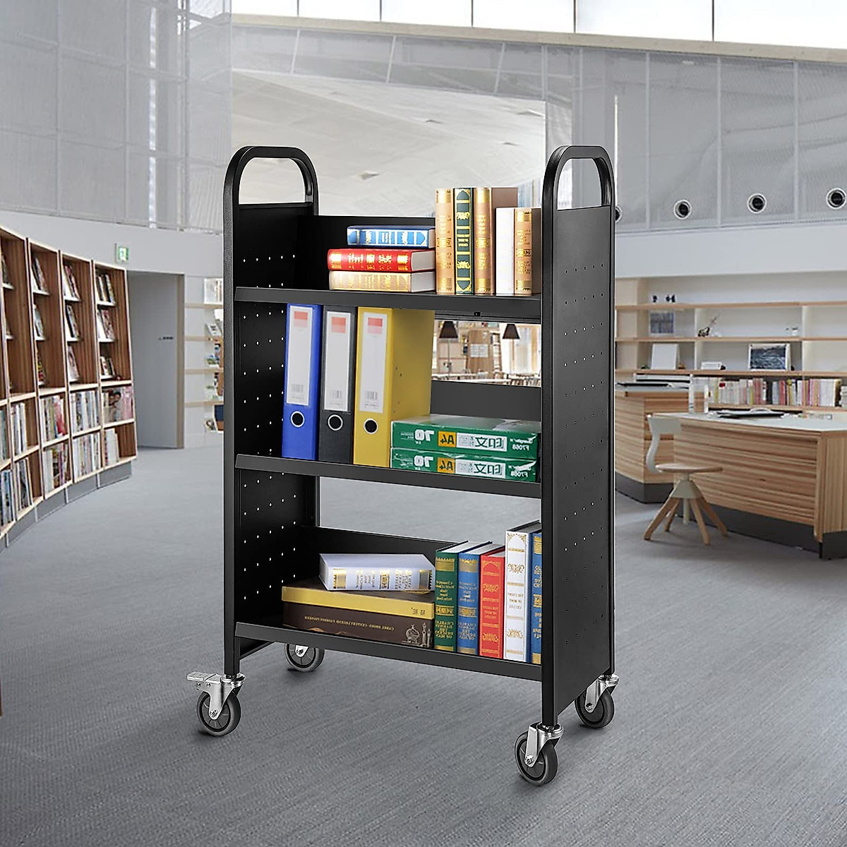 VEVOR Book Cart, 200LBS Library Cart, Single Sided V-Shaped 30x14x49 Inch Rolling Book Cart, Sloped Shelves with 4 Inch Lockable Wheels for Home Shelves Office and School Book Truck in Black