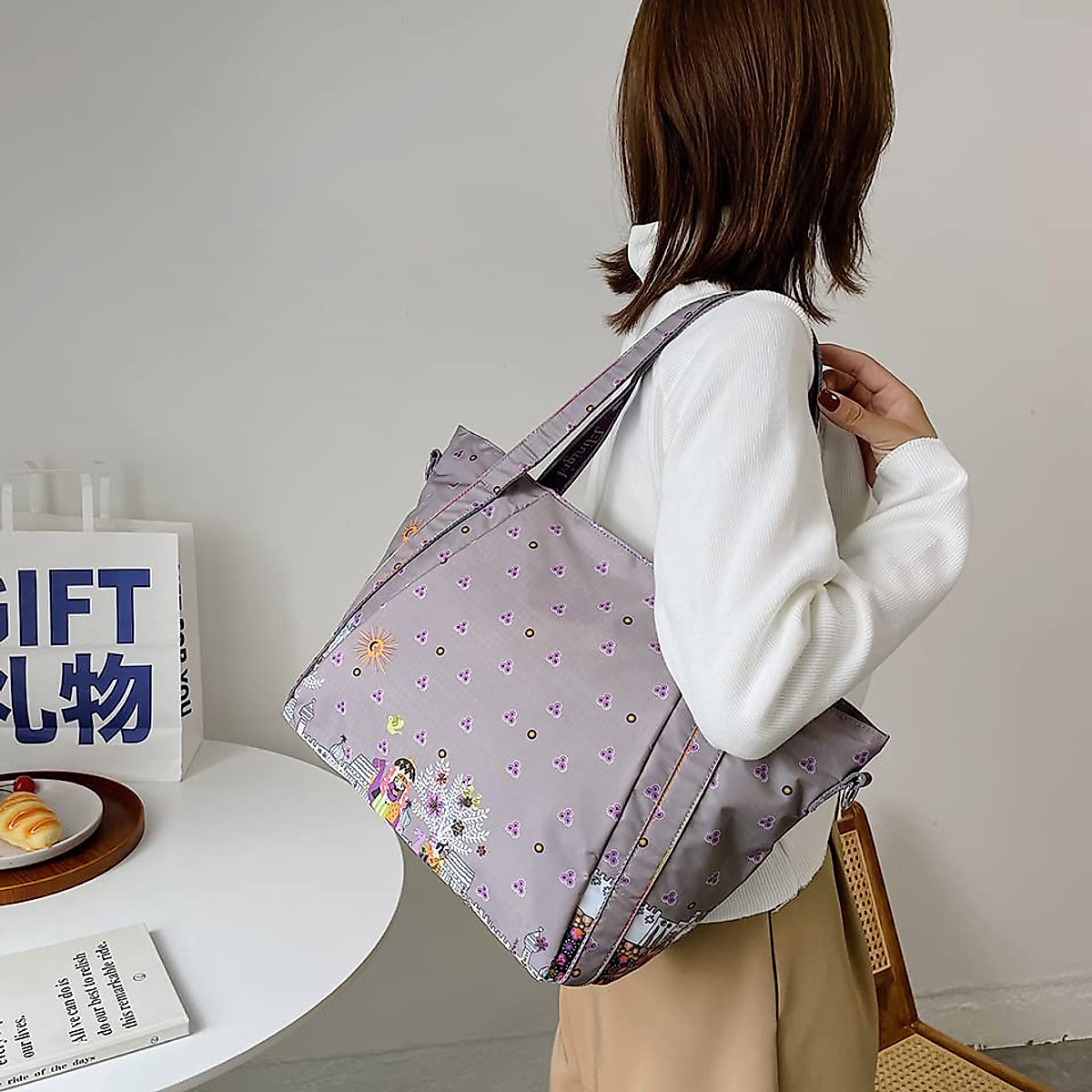 Oudduo Women Lady Nylon Casual Fashion Large Tote Shoulder Hobo Satchel Top Handle Lightweight Waterproof Travel Beach Handbag Bag Purse (Purple Tree)