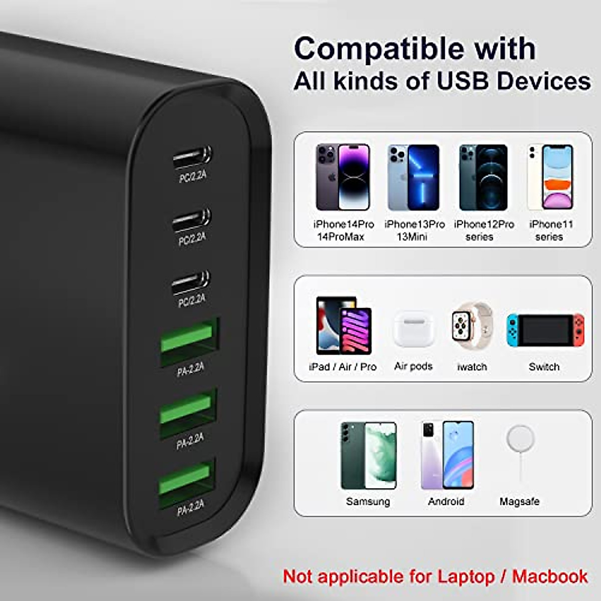 USB C Charger, BURUDU 100W 6 Port USB C Charging Station,Multiports with 3 USB C and 3 QC USB A,Portable PD Fast USB C Wall Charger for iPhone14/13/12/11 Pro Max,iPad,iWatch,Pixel Samsung Galaxy