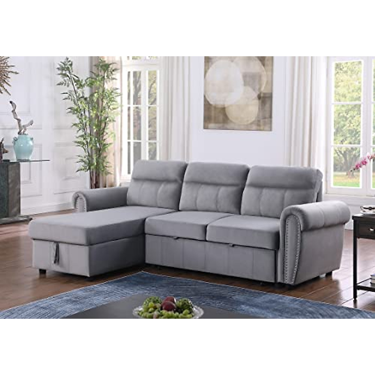 FANYE L-Shaped Oversized Reversible Convertible Tufted Sleeper Sectional Sofa with Pull Out Sleeper Couch Bed,Nailhead Decor Armrests and Storage Chaise for Living Room, Grey Velvet Sofabed